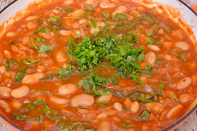 Greek Butter Beans in Tomato Sauce with Greens | Tin and Thyme